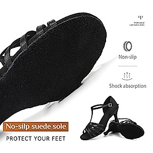 JUODVMP Women Latin Dance Shoes Black Satin Ballroom Performance Salsa Tango Practice Dance Shoes 3inch High Heel Model WX217,7 US