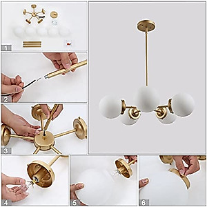KSANA Gold Globe Chandelier, 5-Light Chandeliers for Dinging Room with White Glass Shade, Mid-Century Modern Pendant Ceiling Light Fixture for Kitchen & Bedroom, Soft Gold, 24’’ W x 66’’ H
