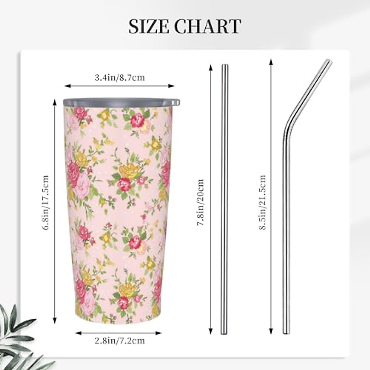 Yaxongx 20oz Tumbler Rose Flower Double Wall Vacuum Insulated Coffee Mug with Lid and Metal Straw Brush Reusable Stainless Steel Water Bottle Travel Cup Gifts for Car Ice Drinks Hot Beverage