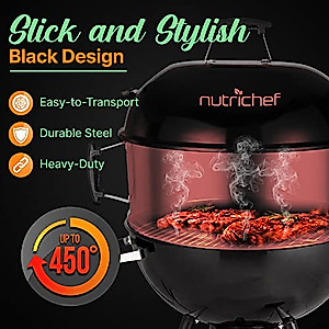 NutriChef Portable Outdoor Charcoal BBQ Grill, Barbecue Grills, Perfect for Picnic, Backyard, Patio, Camping, Offset Smoker with Cover