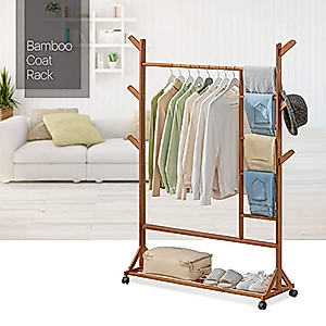 MoNiBloom Clothes Rack with Wheels, Bamboo 2-in-1 Freestanding Rolling Garment Rack Closet with Bottom Storage Shelf with 6 Side Hooks & 5 Pants Racks for Bedroom Laundry room, Brown