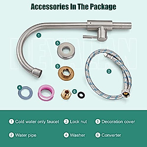 Brushed Nickel Kitchen Faucet Cold Water Only 1 Hole Single Handle 360 Degree Swivel Spout Deck Mount High Arc SUS304 Sink Bar Tap Goose Neck with Hose and Longer Thread Pipe