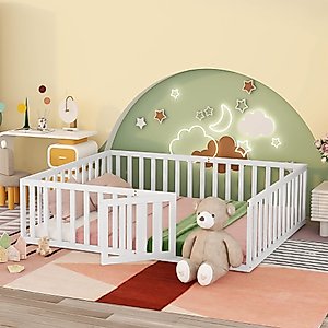Harper & Bright Designs Queen Floor Bed for Kids, Montessori Bed Frame with Guardrails and Door, Wooden Floor Queen Bed for Kids, Boys Girls(Queen Size, White)