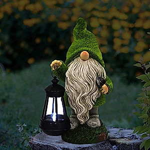 LNPNRENG Solar Garden Statue of Gnome Figurine with Lantern - Outdoor Lawn Decor Flocked for Patio, Balcony, Yard, Ornament Unique Housewarming Gift Lovers(11.8 Inch)