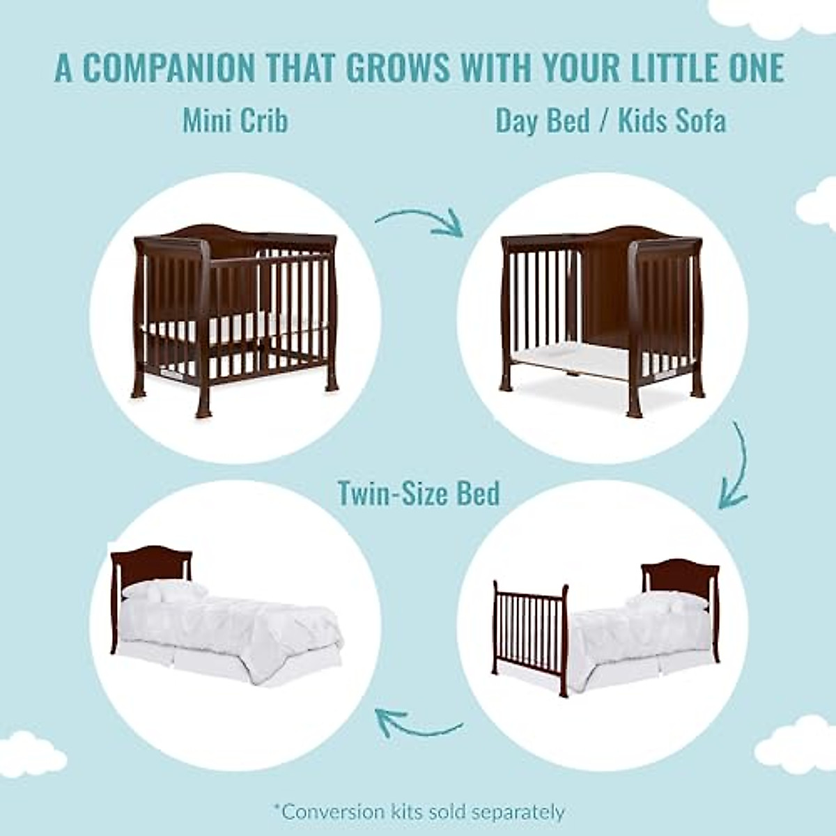 Dream On Me Addison Full Panel 4-in-1 Convertible Mini Crib in Espresso, JPMA Certified Baby Crib, Non-Toxic Finish, New Zealand Pinewood, Low to Floor Design