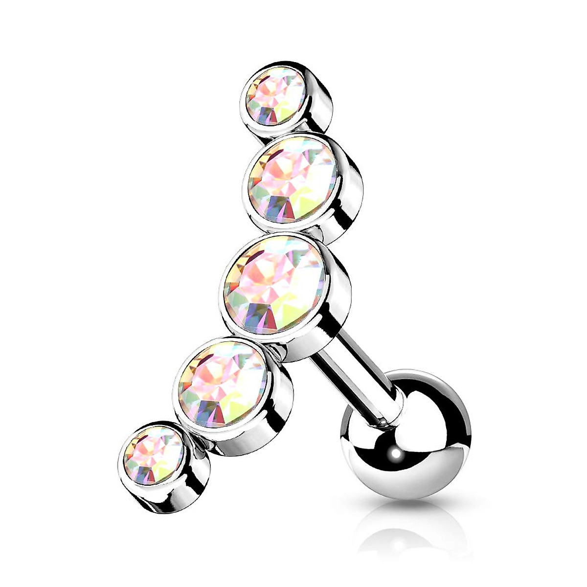 Amelia Fashion 16 Gauge 5-Round Gem Set Curve Top 316L Surgical Steel Cartilage Barbell Studs (Aurora Borealis)