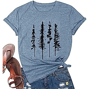 Women Funny Pine Tree Shirt Camping Graphic Short Sleeve Tops Novelty Casual Round Neck Hiking Loose Fit Tshirt,Ink Blue M