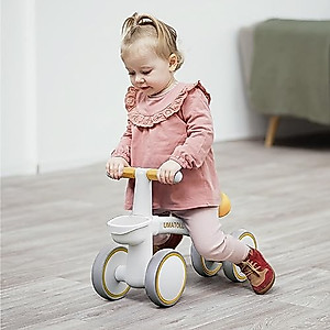 Umatoll Baby Balance Bike for 1 Year Old Boys Girls, 12-24 Months Toddler Balance Bike with Removable Basket, Adjustable Seat, 4 Wheels Infant Bike, First Birthday Gift, White