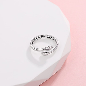 Hug Ring Sterling Silver Adjustable,White Gold Plated Couple Believe In You Like I Do Hug Ring Hugging Rings for Women Men, Friendship Love Rings Wrap Around Hand Ring Jewelry for Teen Girls Sizes 6-9