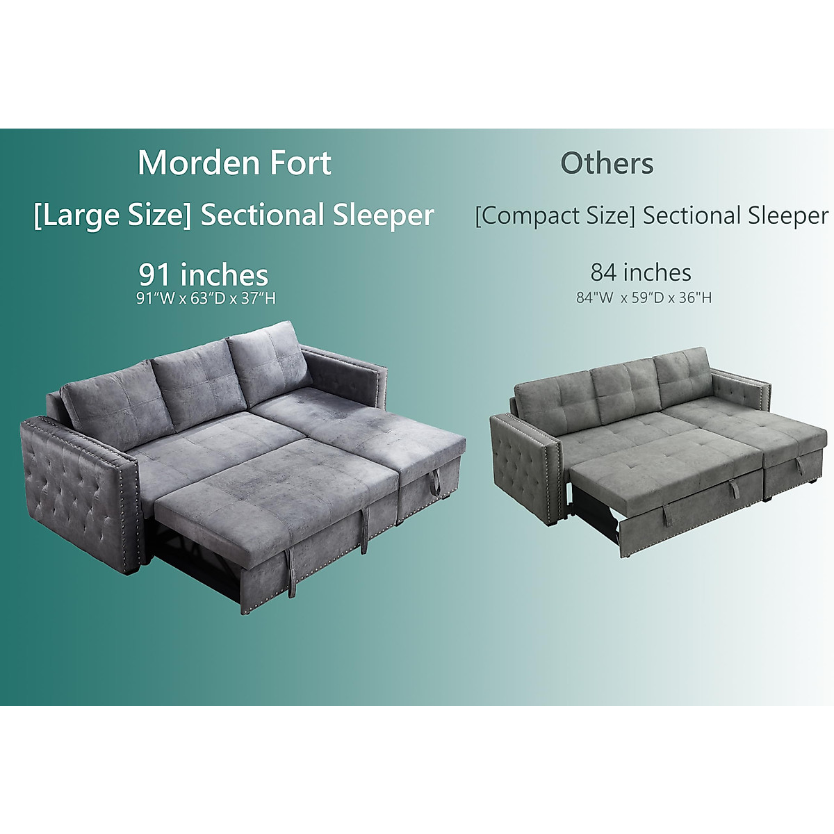 Morden Fort Sectional Sleeper Sofa with Pull Out Bed Storage, Queen Size 91 inches Sofa Bed, L-Shape Sectional Couch with Comfy Chaise Seat Sectional Sleeper Couch for Living Room, Velvet Grey