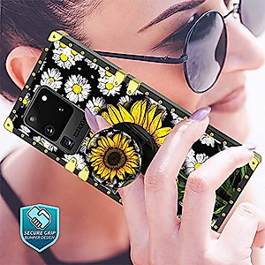 KANGHAR Designed for Samsung Galaxy S20 Ultra Case Sunflower with Screen Protector Lanyard Strap Ring Holder Kickstand for Women Girls Flower Floral Daisy Square Finger Grip Stand 6.9"