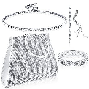 4 Pcs Women Wristlet Rhinestone Evening Clutch Bag Rhinestone Bridal Wedding Choker Bracelet Dangle Earring Bride and Bridesmaid Handbag Elegant Bling Glitter Purse