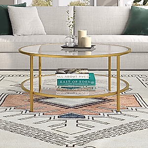 Henn&Hart 36" Wide Round Coffee Table with Glass Top in Brass, Round Coffee Table for living room, studio apartment essentials