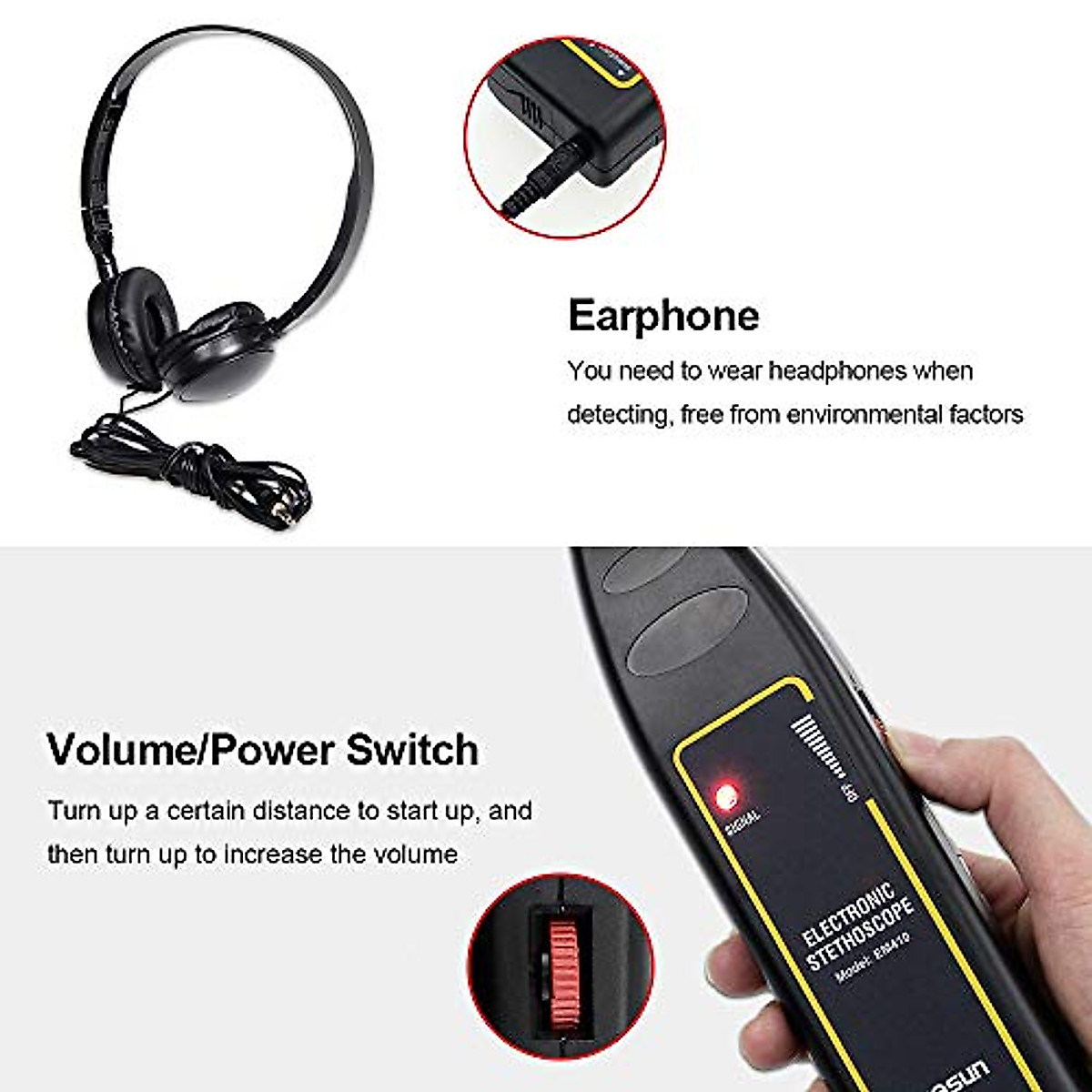 allsun Ultrasonic Air Leak Detector Automotive Listening Device Stethoscope Mechanic Car Noise Finder Diagnostic Listening Device 100Hz~10kHz,Black