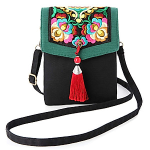 Embroidered Tassels Canvas Crossbody Bag, Cute Shoulder Bag Cellphone Pouch Purse (A02: Vertical-Tassel-Green)