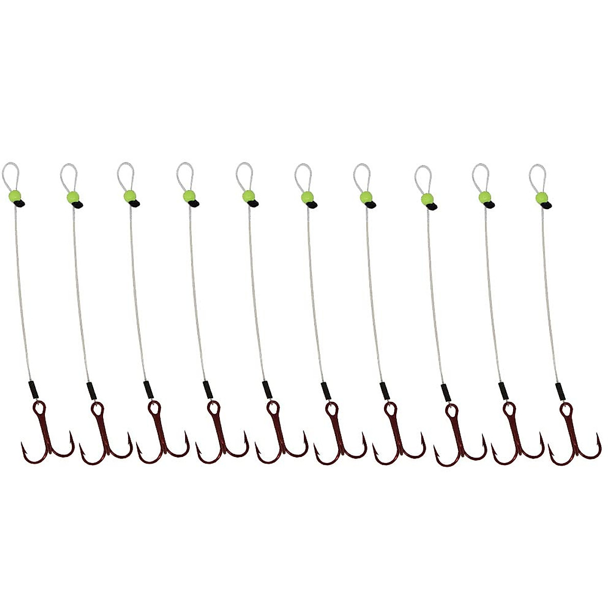 Tooth Shield Tackle 10-Pack Walleye Stinger Hooks/Trailer Hooks 15lb Fluorocarbon Leader Material Red VMC Hooks [Chartreuse] (Hook Size: 8)