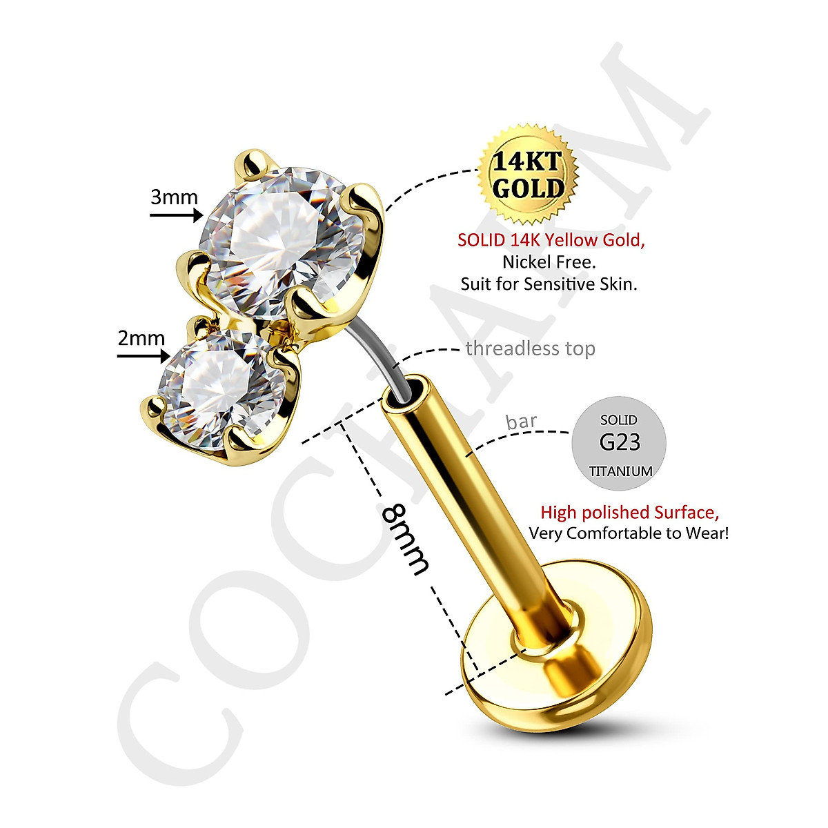 COCHARM 14K Gold Cartilage Earring Stud Yellow Gold 16g Flat Back Cartilage Earrings 14K Solid Gold Push in Cartilage Piercing Threadless Labret Stud Gold Medusa Studs