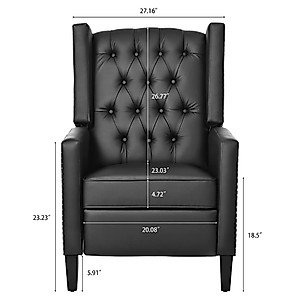 Arm Pushing Recliner Chair, Modern Button Tufted Wingback Manual Push Back Recliner Chair with Nailhead Trim & Wood Leg Upholstered Living Room Chair Single Reclining Sofa Home Theater Seating BlackPU