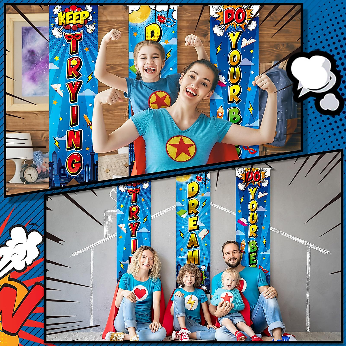 Chiisong 3 Pieces Hero Party Decorations Hero Wall Banners Hero Porch Signs Backdrops Inspirational Cityscape Photography Background for Hero Theme Birthday Party Baby Shower Classroom Decorations