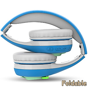 Riwbox FB-7S Frog Kids Headphones Bluetooth, LED Light Up Bluetooth Headphones Over Ear Volume Limited Safe 75/85/95dB with Mic and TF-Card, Children Headphones for School/PC (Blue&Grey)