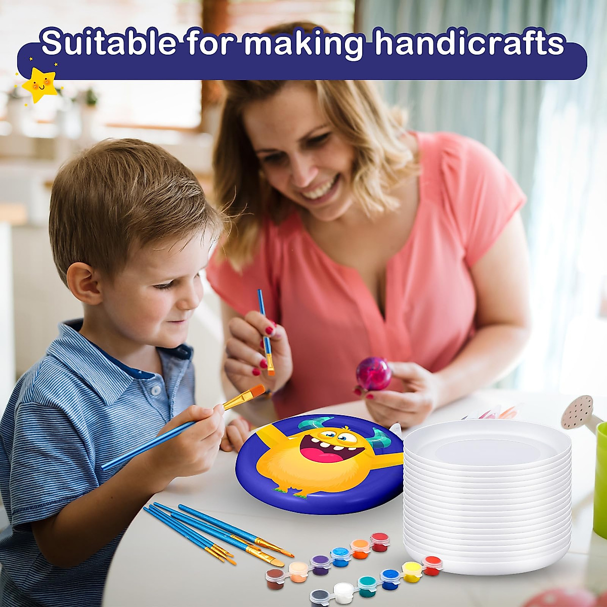 Tenceur 36 Pcs DIY Plastic Flying Disks Bulk 7 Inch Color Your Own White Flying Disc with 10 Paintbrushes and 3 Paints for Party Favors and Crafts Fun Home Activities Games