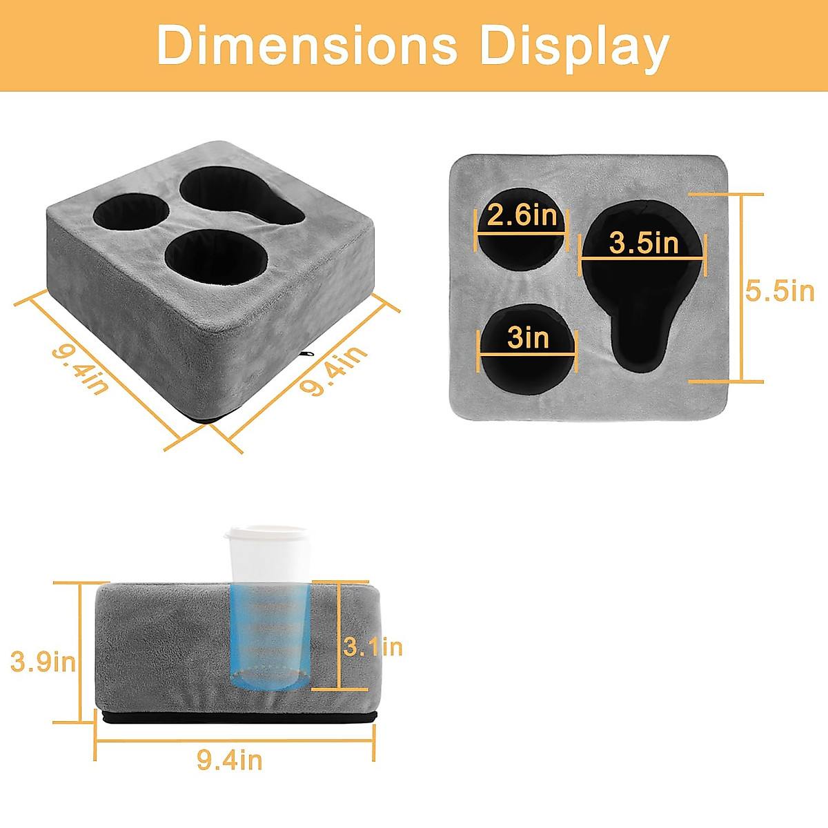 Couch Cup Holder Pillow, Nisdoing Couch Cup Holder Tray! Keep Your Drinks Hand Side and KeepTemp, Prevent Spills and Use Anywhere. Cup Holder for Couch, Bed, Man Cave, Car, Park, Beach. Grey