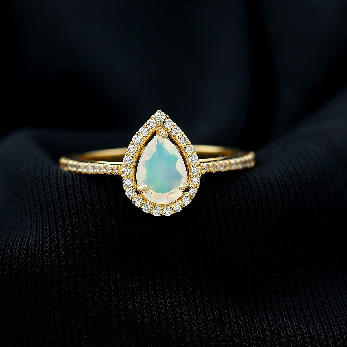 Rosec Jewels Natural Ethiopian Opal Halo Engagement Ring with Diamond | 5X7 MM | AAA Quality, 14K Yellow Gold, Size:US 5.50