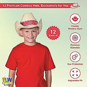 Fun Express Cowboy Hat for Men - Authentic Western Style Cowboy Hats for Men with Red Bandana Accent, Bulk Set of 12 Durable Woven Straw Cow boy hat Versatile Party Hats, Unisex Design