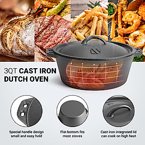 Pre-Seasoned Cast Iron Dutch Oven Pot with Lid, for Braising, Broiling, Frying, Sourdough Bread Baking, Camping Cookware, BBQ,3 Quart Pan