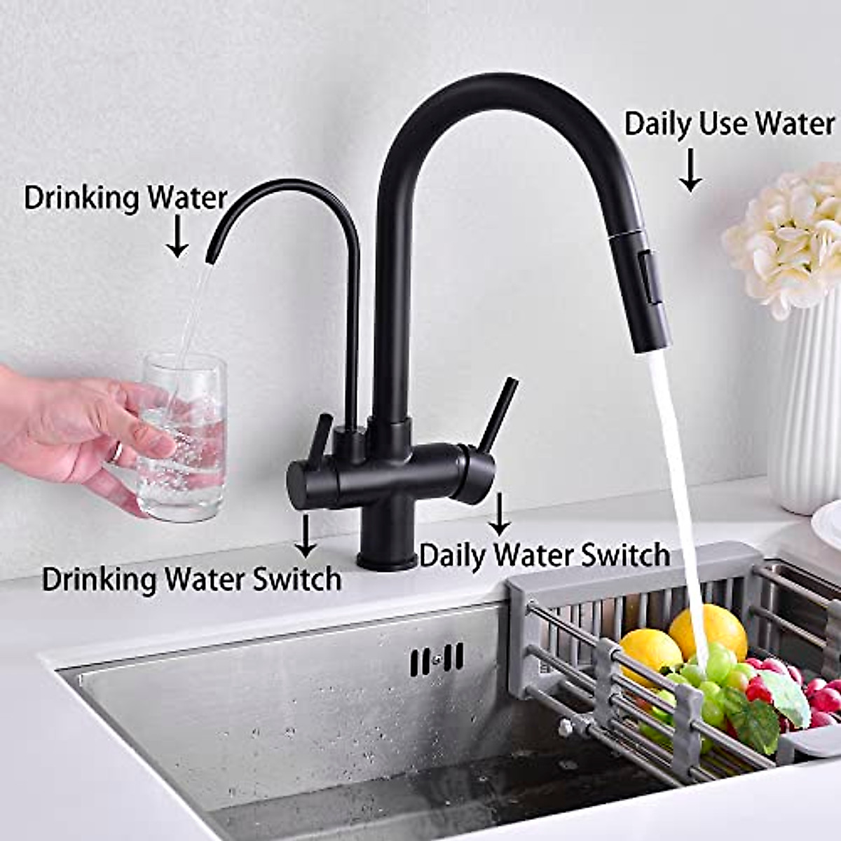 TUTEW Matte Black Kitchen Faucet with Pull Down Sprayer, Black Kitchen Sink Faucet with Drinking Water Faucet,2 Handle 3 in 1 Water Filter Purifier Faucets