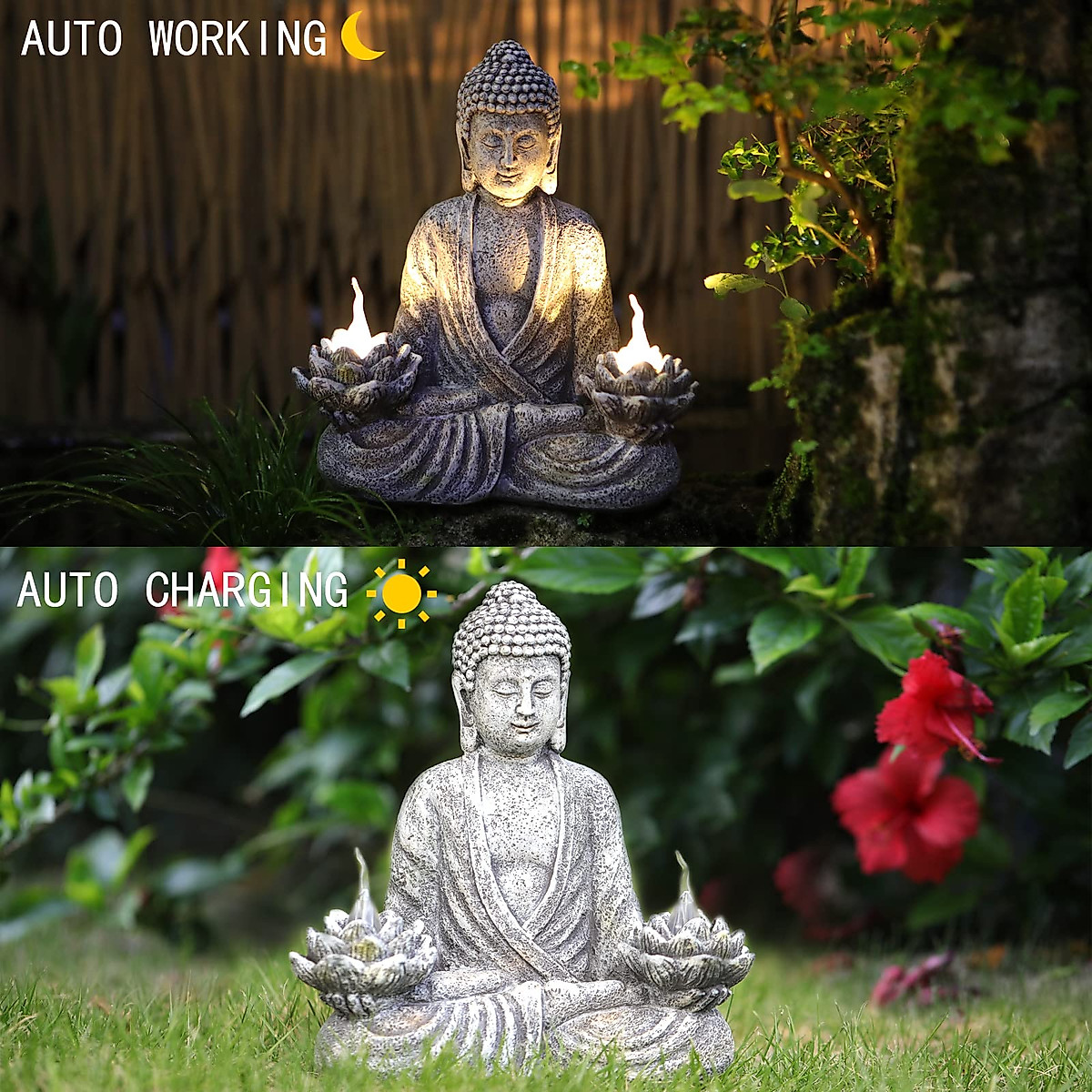 NC Buddha Statue Zen Sculpture, Yoga Garden Decor with LED Solar Flowers Lights, Sitting Meditating Buddha Serene Decorative Figurinefor Patio Yard Lawn Ornaments, Backyard,Inside or Outside