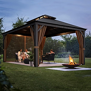 Flamaker Hardtop Gazebo Aluminum Frame Outdoor Gazebo with Privacy Curtains and Gauze Mesh Sunshade Pavilion Double Roof Canopy for Patio, Deck, Poolside (Aluminum Roof, 12' x 16')