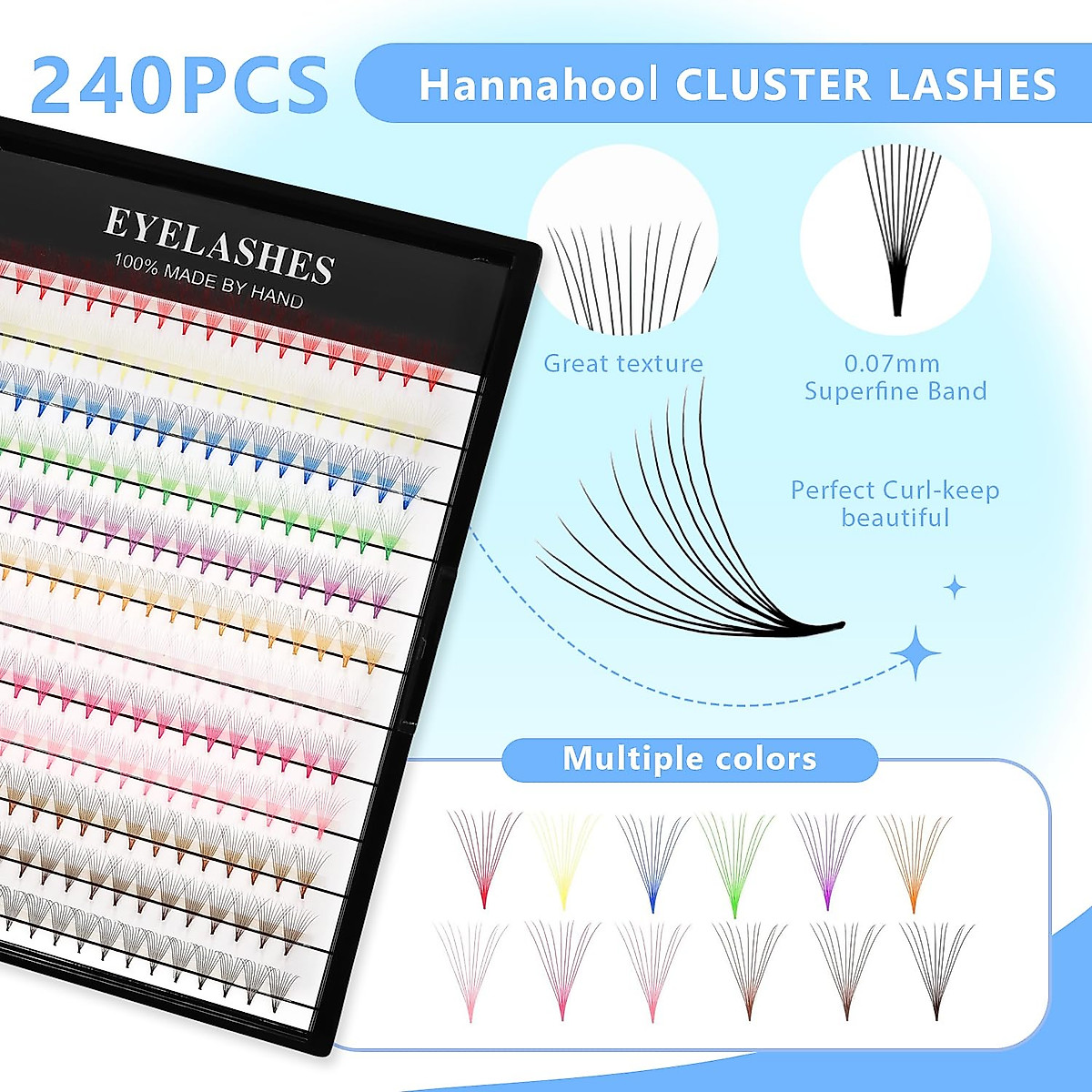Hannahool 12 Colors Mix 240pcs 10D Premade Fans Nature Long Volume Eye Lashes Extensions Soft and Light Weight Colorful Individual False Eyelashes Cluster 8-16mm to Choose (12mm)
