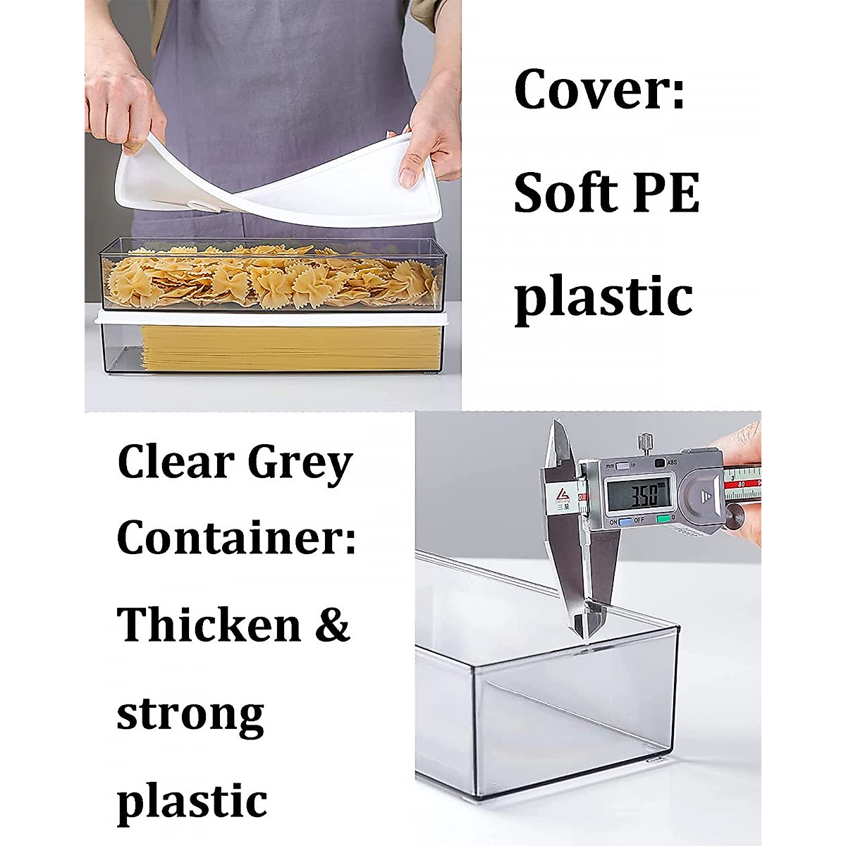 qiuqiu Set of 3 Durable Airtight Pasta Storage Box Spaghetti Jar with Lids Rectangular Stackable Pasta Containers for Pantry Fridge Kitchen Cupboards