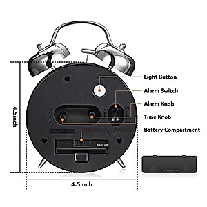 Loud Alarm Clock for Heavy Sleepers Adults,Retro 4 Inch Silent Non-Ticking Quartz with Backlight,Twin Bell Analog Kids Alarm Clocks for Bedrooms Bedside (Blue)