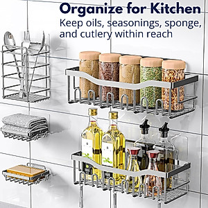 Rustproof Adhesive Shower Caddy Hanging - ASA STORES Silver 5-Pack No Drill Bathroom Organizer With 20 Hooks, Soap Holder,4 Snap Hooks-Stainless Steel Wall Mounted Storage For Kitchen & Home Decor