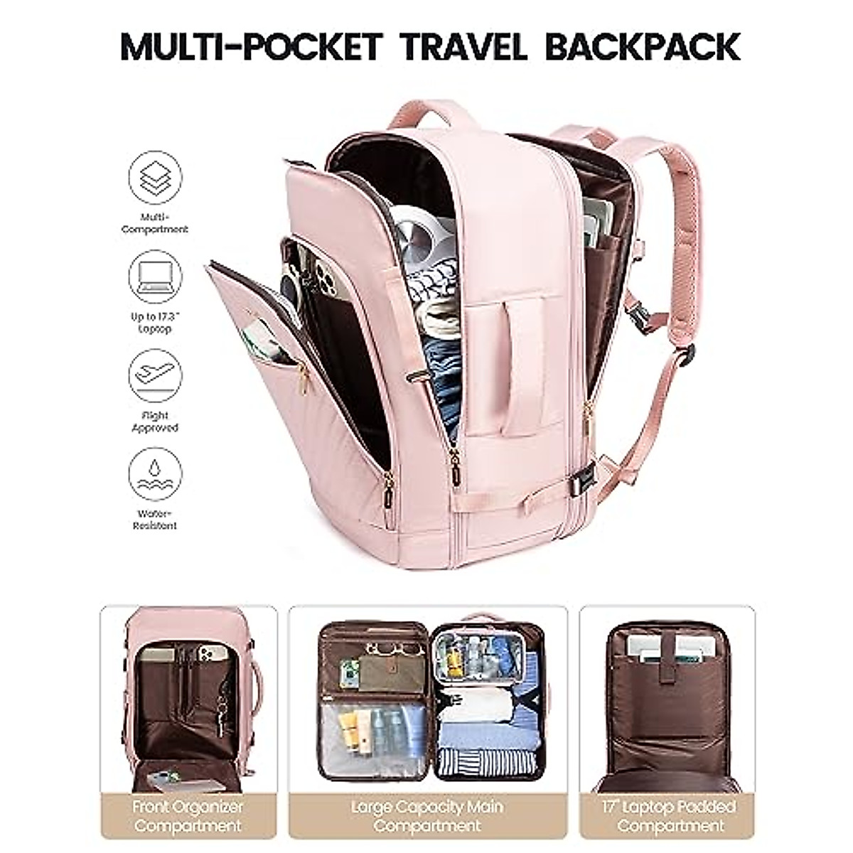 LOVEVOOK Large Laptop Backpack Women,Expandable 30-40L Travel Backpack,Carry On Backpack Flight Approved with Toiletry Bag,Waterproof Backpack Fit 17.3 Inch with USB Charging Port Shoes Compartment