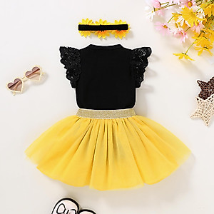 HAPPYMA Baby Girls One 1st Birthday Outfit Bee Romper Tulle Tutu Skirt Sets Sequin Bow Princess Party Dress Clothes (6-12 Months, Black B)