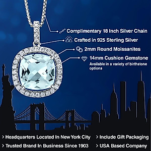 Gem Stone King 925 Sterling Silver 14MM Cushion Gemstone Birthstone and White Moissanite Pendant Necklace | Halo Necklace for Women | With 18 Inch Chain