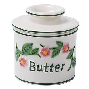 Butter Bell - The Original Butter Bell crock by L Tremain, a Countertop French Ceramic Butter Dish Keeper for Spreadable Butter, La Fleur Collection (Hand Painted Raised Floral)