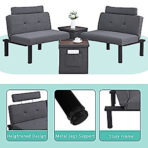 VUYUYU Convertible Futon Sofa Bed with Two Storage Ottoman/Coffee Table, Folding Loveseat Sleeper, Small Futon Couch for Compact Living Space, Apartment, Dorm, Bedroom, 3 Angles/Metal Legs