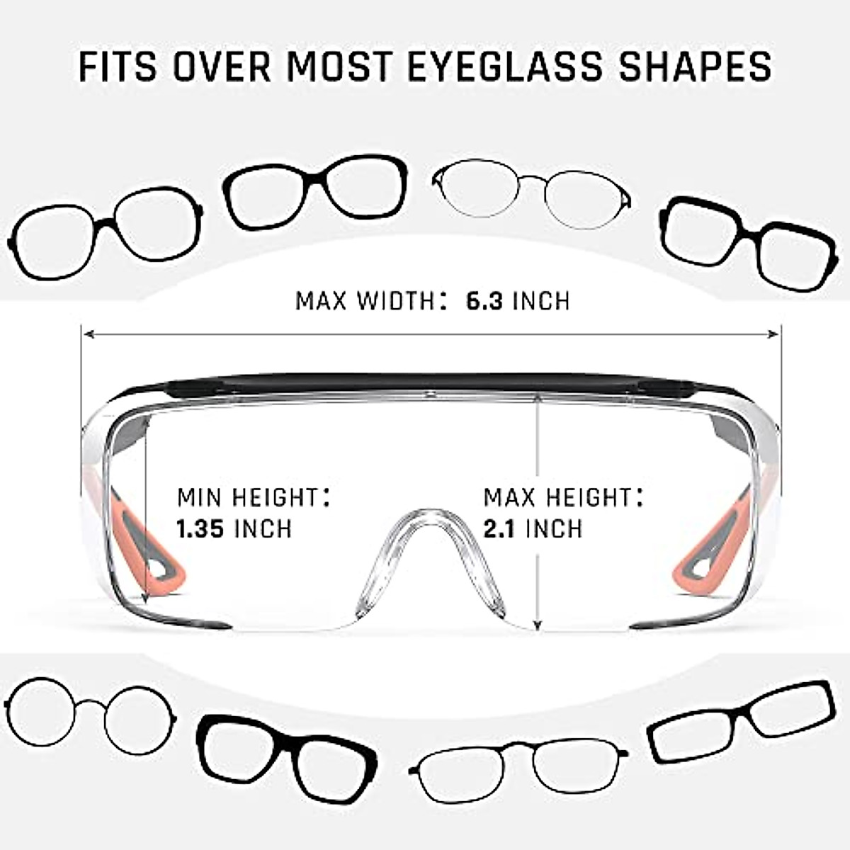 TOREGE Safety Glasses, Anti Fog Safety Glasses Over Glasses, Safety Goggles With HD Lenses,Medical Goggles For Men&Women (Black/Clear Lens)