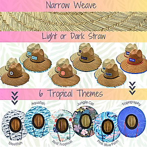 Qwave Straw Hats for Women, Beach Gear Sun Hats for Women, Lifeguard Hat with Sun Protection, Light Straw - Pink & Blue Palm Print