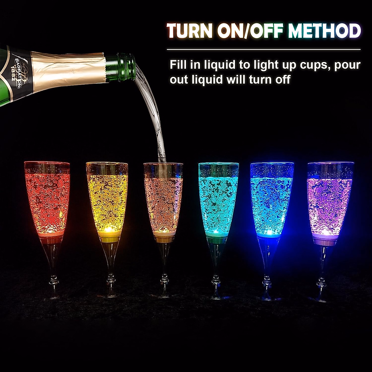 LED Light Up Cups Wine Champagne Flutes Set of 6 Party Favors Adults, Colored Plastic Champagne Flutes Drinking Glasses Glow in the Dark Colorful Glowing Cups for Birthday Christmas Halloween Weddings