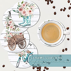 Whaline Spring Coasters 6 Pack Rustic Farmhouse Drink Coaster Truck Floral Flower Ceramic Coaster Cup Mat for Mugs Cups Home Kitchen Party Supplies, 4.1 x 0.3 Inch