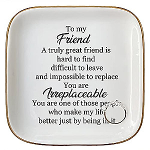 Scwhousi True Frienship Gifts for Women Female Birthday Ceramic Ring Dish Jewelry Tray-A Truely Great Friend is Hard to Find,Difficult to Leave and Impossible to Replace
