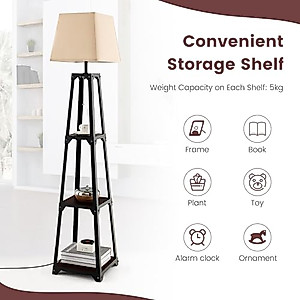 Tangkula Shelf Floor Lamp, Modern Wood Square Standing Lamp with 3 Tiers Shelves and Linen Shade, Stable Trapezoidal Design, E26 Lamp Base, 62" Tall Metal Frame Shelf Lamp for Living Study Bedroom