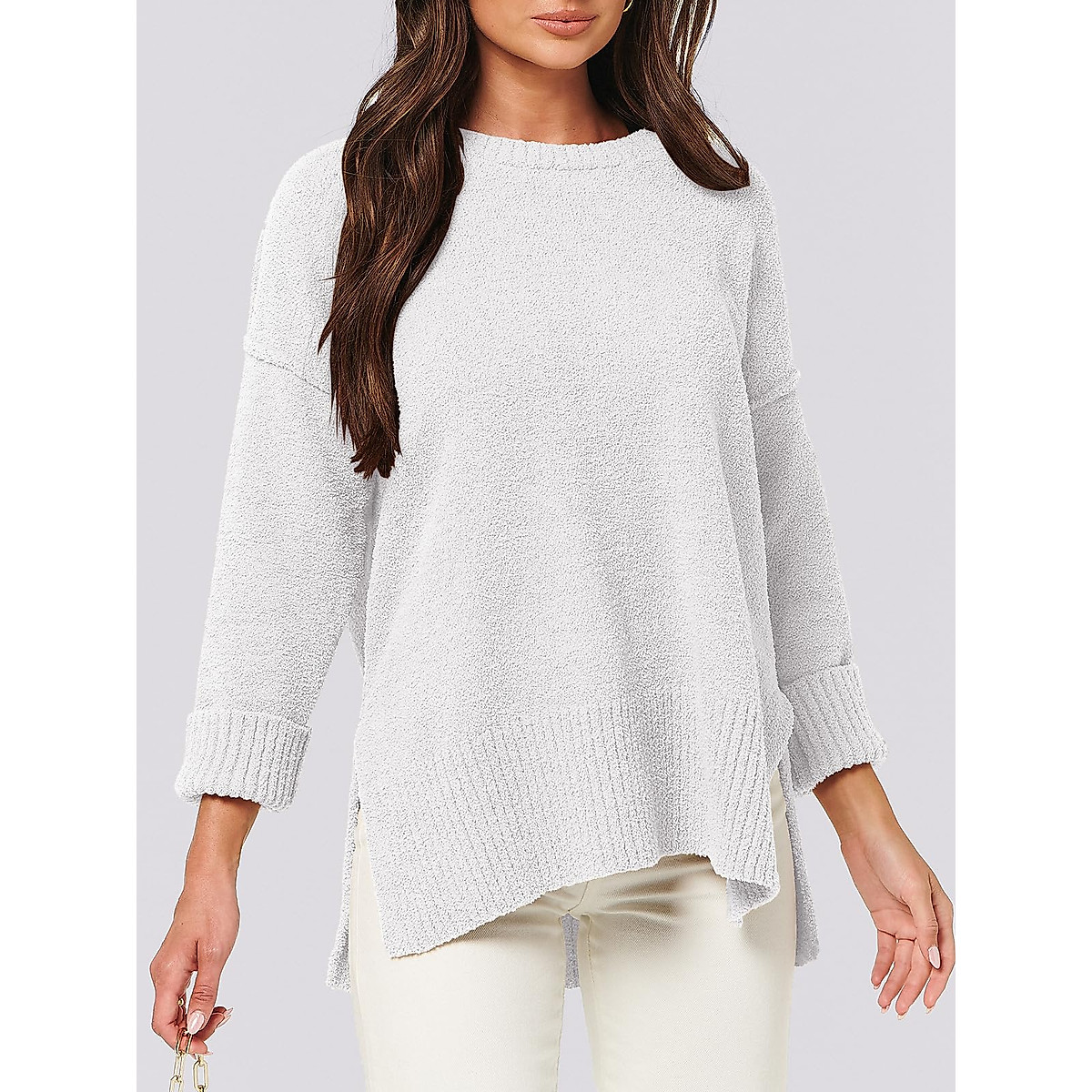 ANRABESS Women's 2024 Fall Oversized Long Sleeve Chunky Fuzzy Knit Casual Crewneck Warm Pullover Sweaters Top Trendy Outfits White