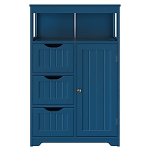 Topeakmart Wood Bathroom Floor Cabinet, Free Standing Storage Cabinet with 3 Drawers and Cupboard, Hallway/Entryway Cabinet, Living Room Accent Furniture, Navy Blue