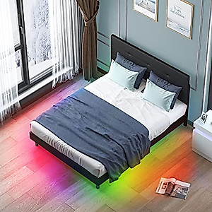 ZAFLY Platform LED Bed Frame Queen Size,Upholstered Queen Bed Frame with Adjustable Headboard,Queen Size Bed with RGB LED Strip Light,Wooden Slats Support,No Box Spring Needed,Easy Assembly,Black